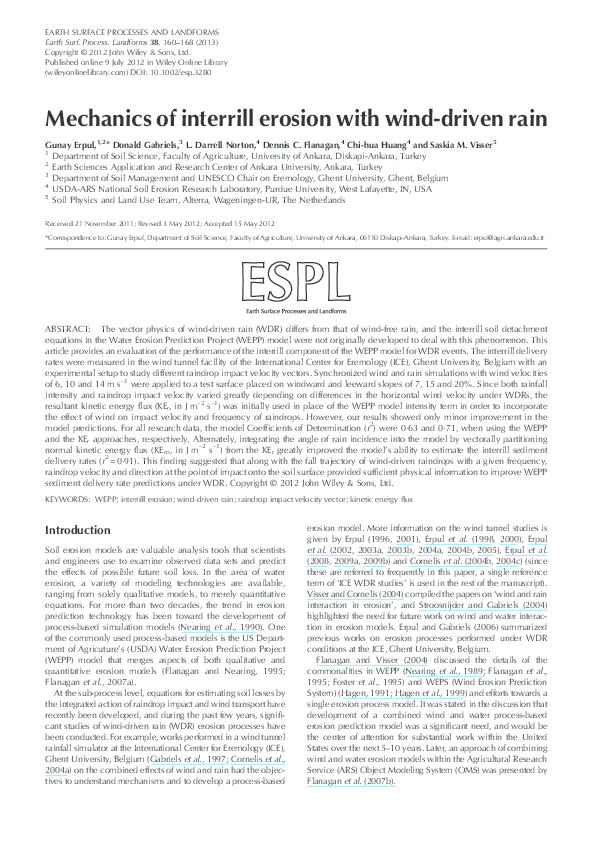 (PDF) Mechanics of interrill erosion with wind-driven rain | G. Erpul ...