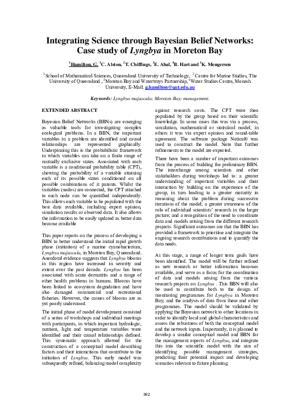 (PDF) Integrating Science Through Bayesian Belief Networks: Case Study of Lyngbya in Moreton Bay
