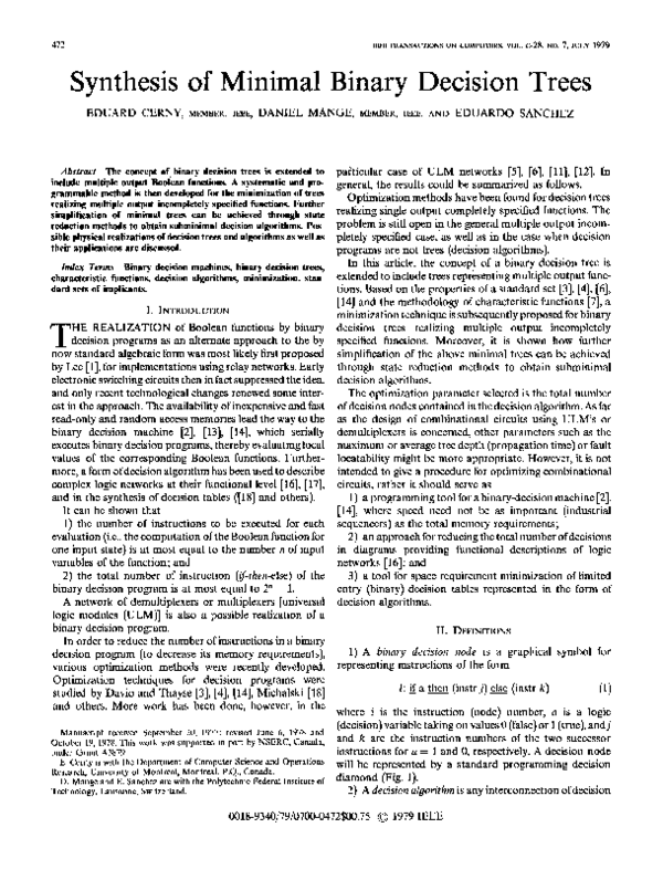 Synthesis of Minimal Binary Decision Trees