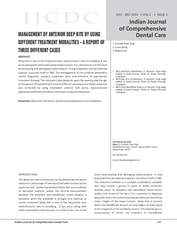 (PDF) MANAGEMENT OF ANTERIOR DEEP BITE BY USING DIFFERENT TREATMENT ...