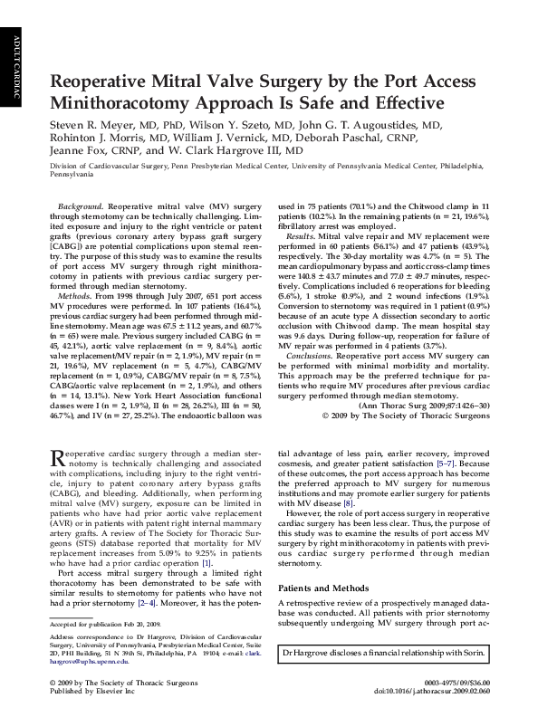 (PDF) Reoperative Mitral Valve Surgery by the Port Access ...