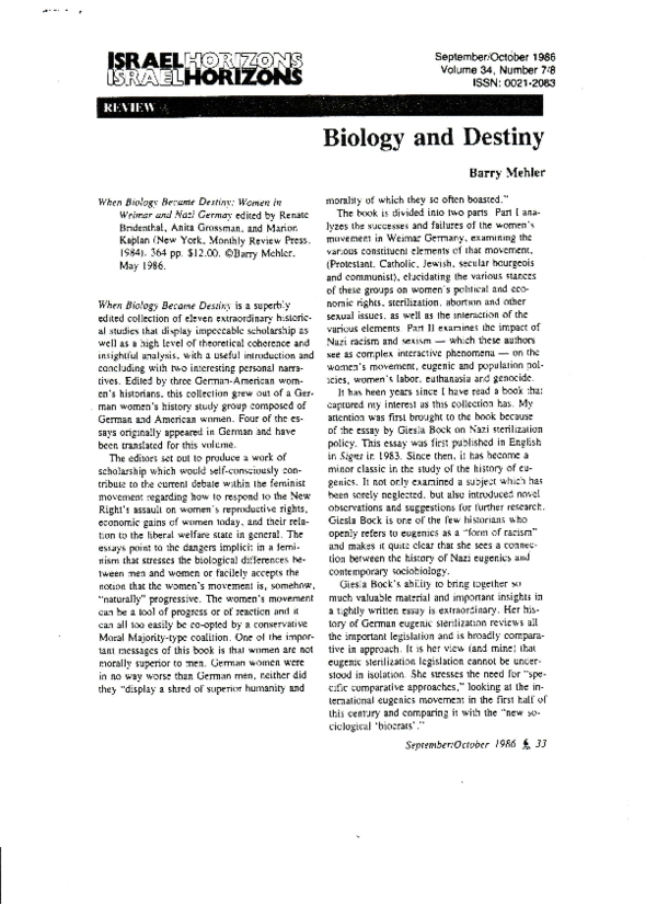 (PDF) Review: When Biology Became Destiny: Women in Weimar and Nazi ...