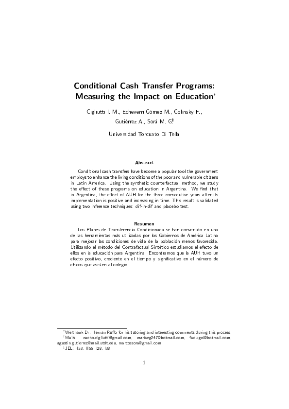 (PDF) Conditional Cash Transfer Programs: Measuring the Impact on Education