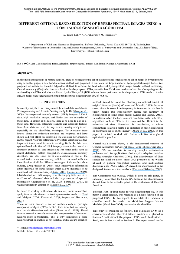 Pdf Different Optimal Band Selection Of Hyperspectral Images Using A Continuous Genetic Algorithm