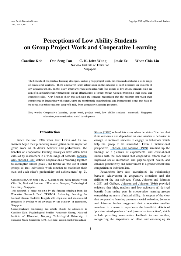 (PDF) Perceptions of low ability students on group project work and ...