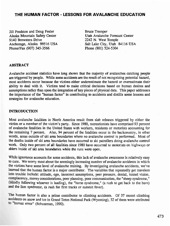 (PDF) The Human Factor - Lessons for Avalanche Education