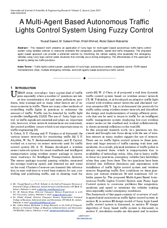 (PDF) A Multi-Agent Based Autonomous Traffic Lights Control System Using Fuzzy Control