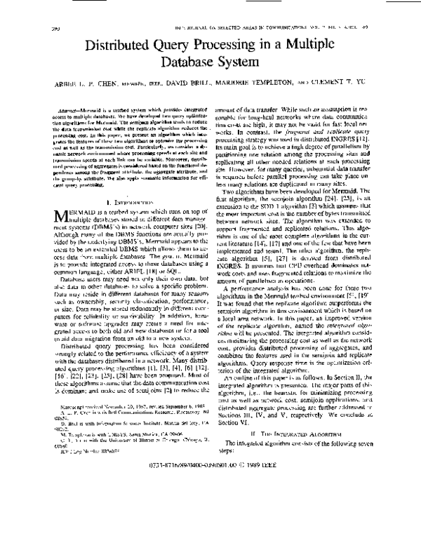 (PDF) Distributed query processing a multiple database system (PDF) Distributed query processing a multiple database system