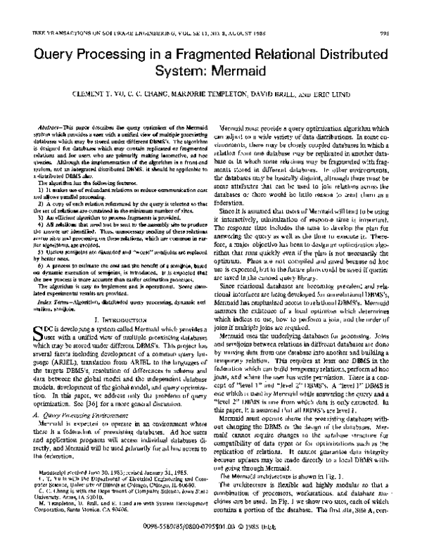 (PDF) Query Processing in a Fragmented Relational Distributed System: Mermaid