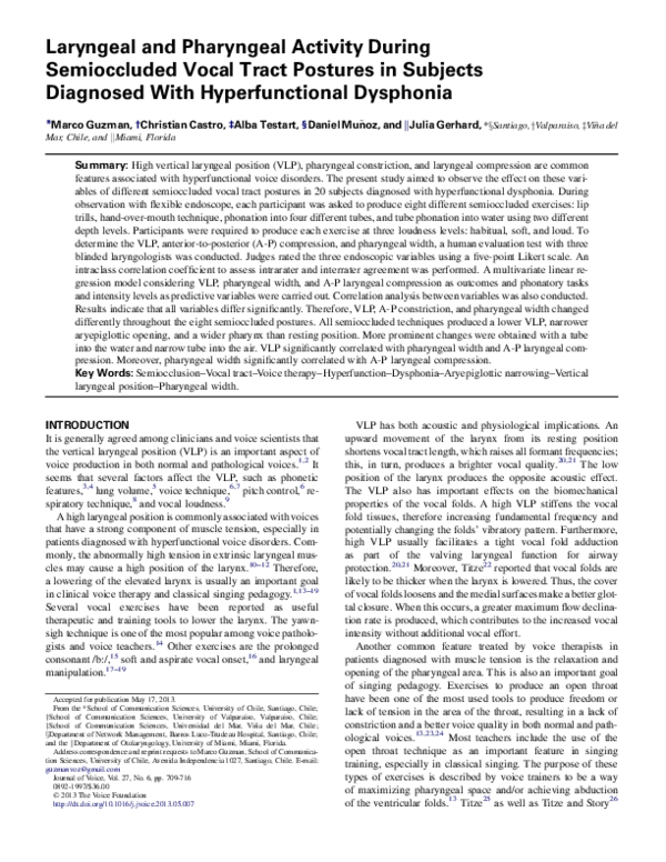 (PDF) Laryngeal and pharyngeal activity during semioccluded vocal tract ...