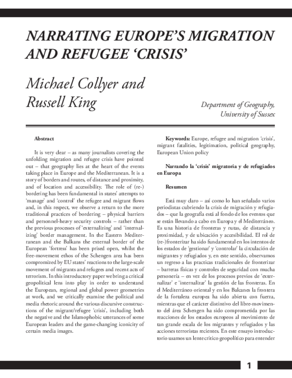 (PDF) NARRATING EUROPE'S MIGRATION AND REFUGEE 'CRISIS'