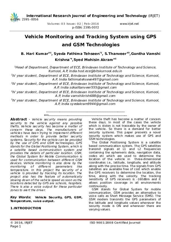 (DOC) Vehicle Monitoring and Tracking System using GPS and GSM Technologies