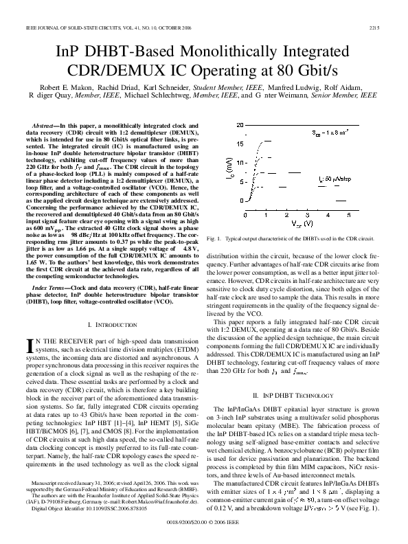 (PDF) InP DHBT-Based Monolithically Integrated CDR/DEMUX IC Operating at 80 Gbit/s