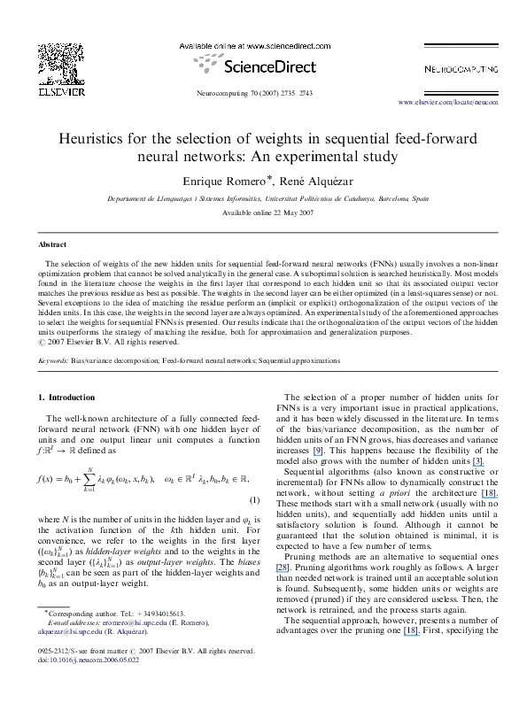 Pdf Heuristics For The Selection Of Weights In Sequential Feed Forward Neural Networks An