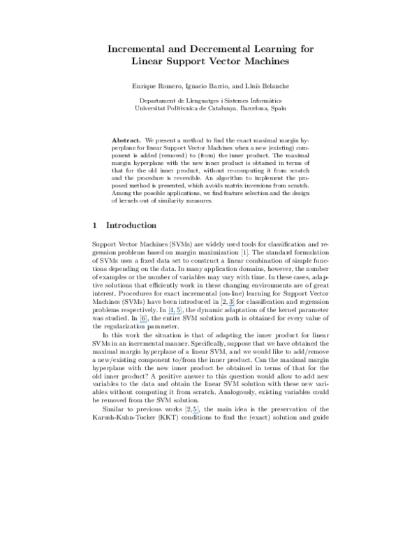(PDF) Incremental and Decremental Learning for Linear Support Vector Machines