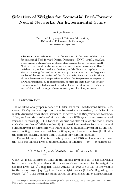 Pdf Selection Of Weights For Sequential Feed Forward Neural Networks