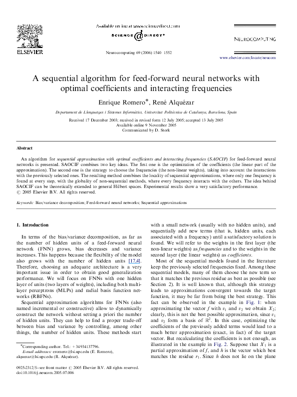 Pdf A Sequential Algorithm For Feed Forward Neural Networks With
