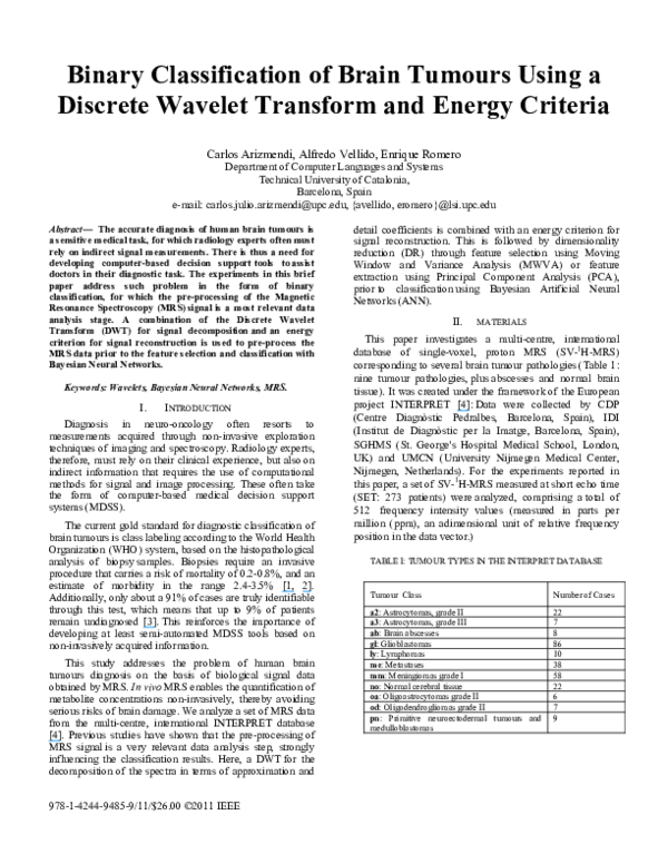 Pdf Binary Classification Of Brain Tumours Using A Discrete Wavelet Transform And Energy Criteria
