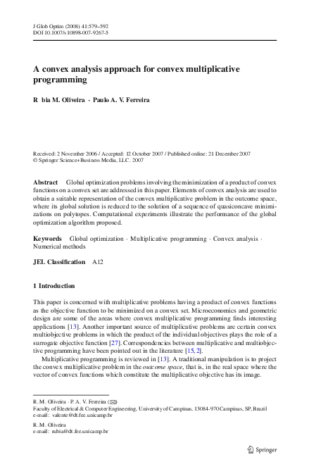 Pdf A Convex Analysis Approach For Convex Multiplicative Programming
