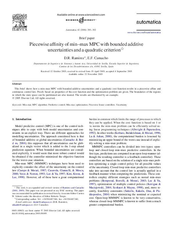 (PDF) Piecewise affinity of min-max MPC with bounded additive uncertainties and a quadratic ...