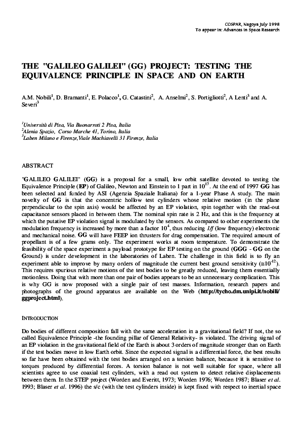 (PDF) The “Galileo Galilei” (GG) project: Testing the Equivalence ...