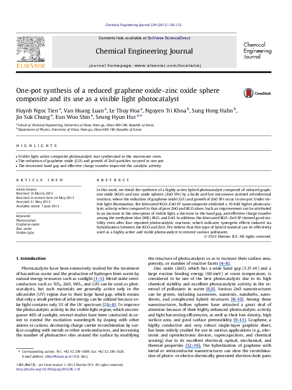 (PDF) One-pot synthesis of a reduced graphene oxide–zinc oxide sphere ...