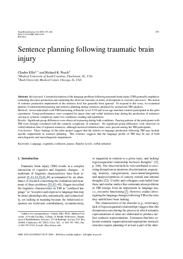 (PDF) Sentence planning following traumatic brain injury
