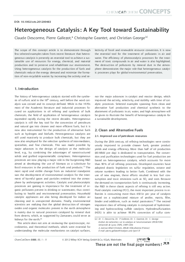 (PDF) Heterogeneous Catalysis: A Key Tool toward Sustainability