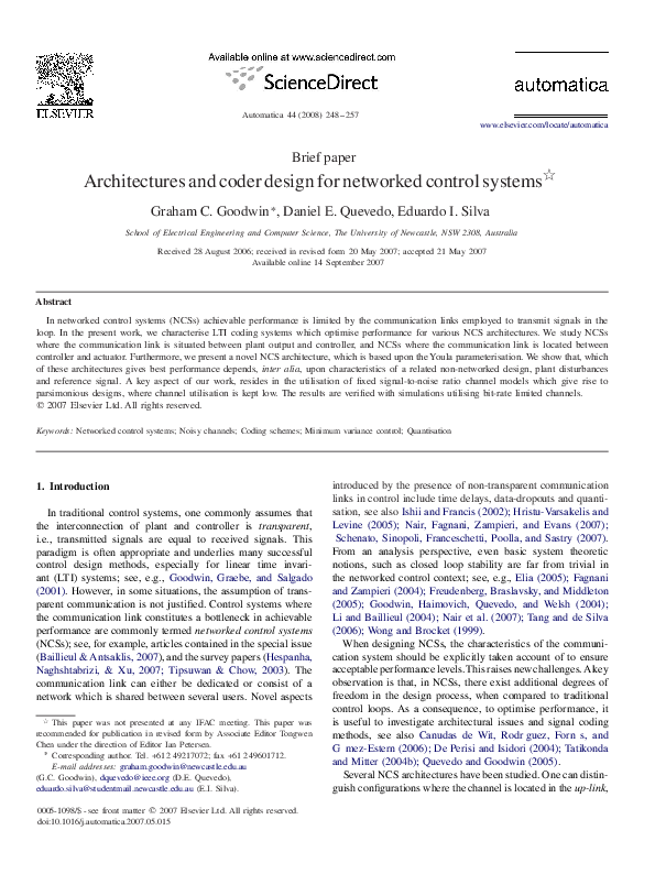 Pdf Architectures And Coder Design For Networked Control Systems