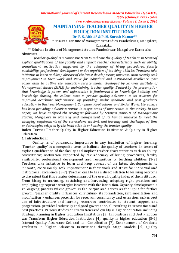 (PDF) MAINTAINING TEACHER QUALITY IN HIGHER EDUCATION INSTITUTIONS