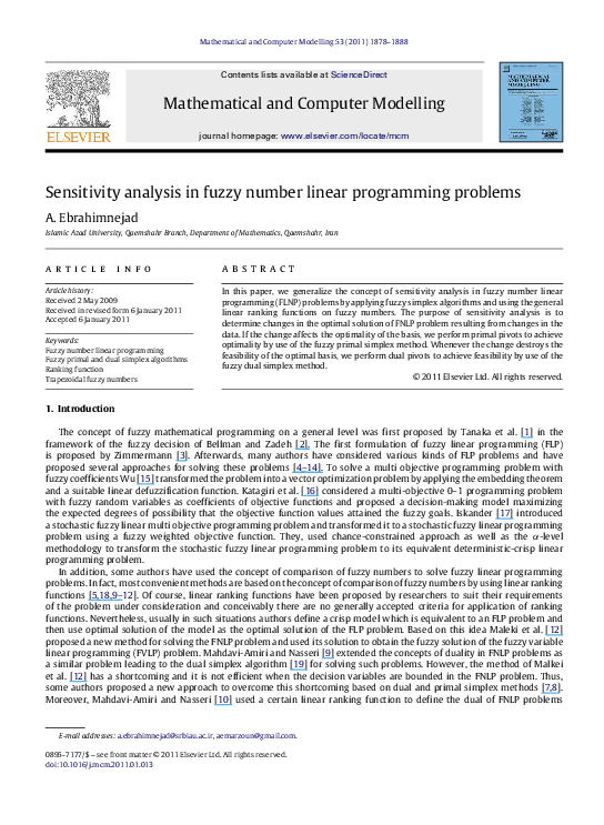 Pdf Sensitivity Analysis In Fuzzy Number Linear Programming Problems