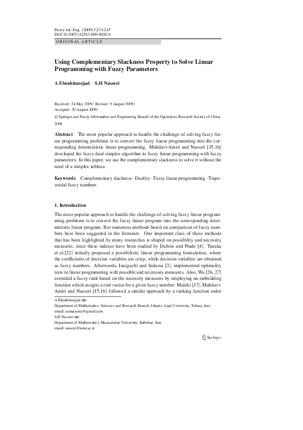 Pdf Using Complementary Slackness Property To Solve Linear Programming With Fuzzy Parameters