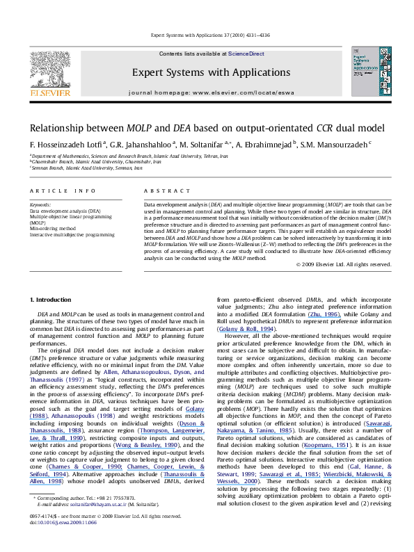 (PDF) Relationship between MOLP and DEA based on output-orientated CCR dual model