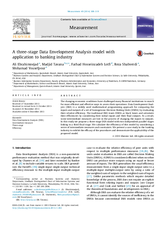 Pdf A Three Stage Data Envelopment Analysis Model With Application To Banking Industry