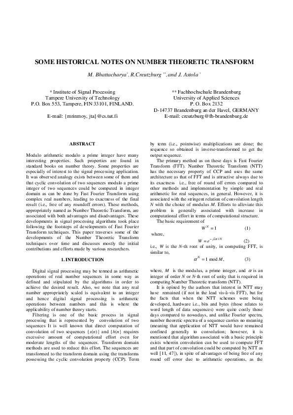 (PDF) Some historical notes on number theoretic transform