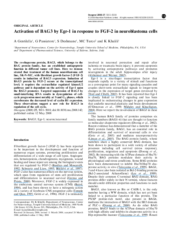(PDF) Activation of BAG3 by Egr-1 in response to FGF-2 in neuroblastoma ...