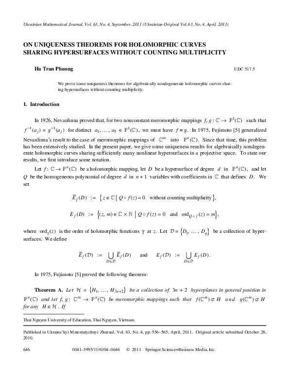 (PDF) On uniqueness theorems for holomorphic curves sharing hypersurfaces without counting ...