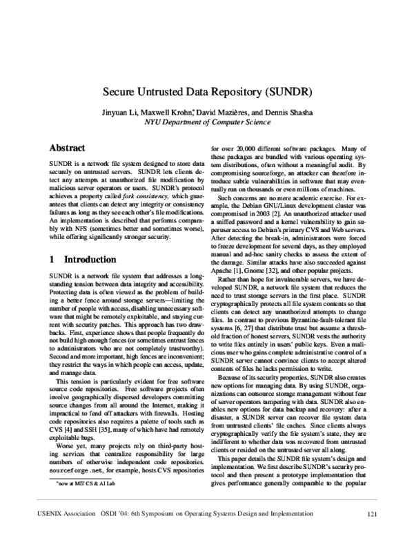 (PDF) Secure untrusted data repository (SUNDR)