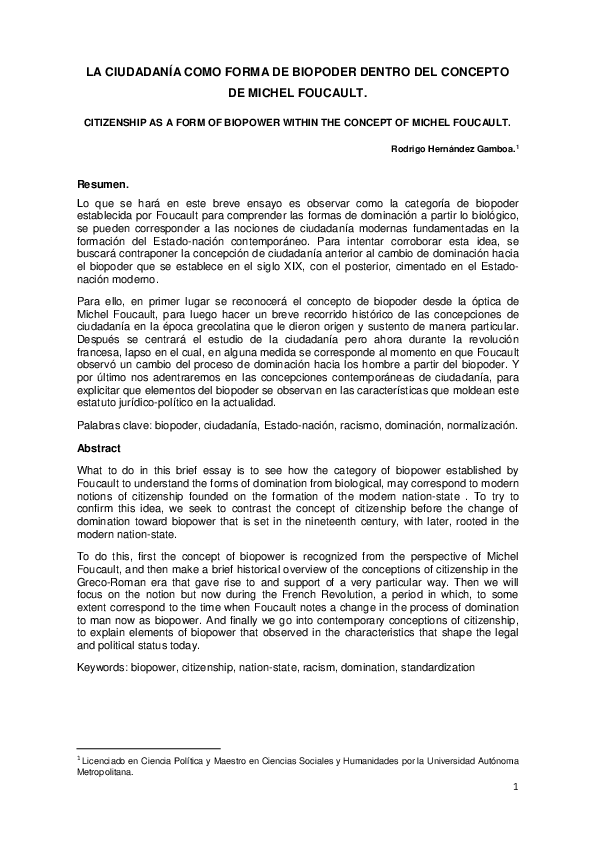 (PDF) LA CIUDADANÍA COMO FORMA DE BIOPODER DENTRO DEL CONCEPTO DE ...