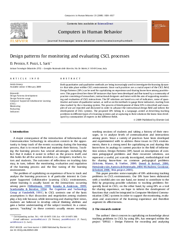 Pdf Design Patterns For Monitoring And Evaluating Cscl Processes