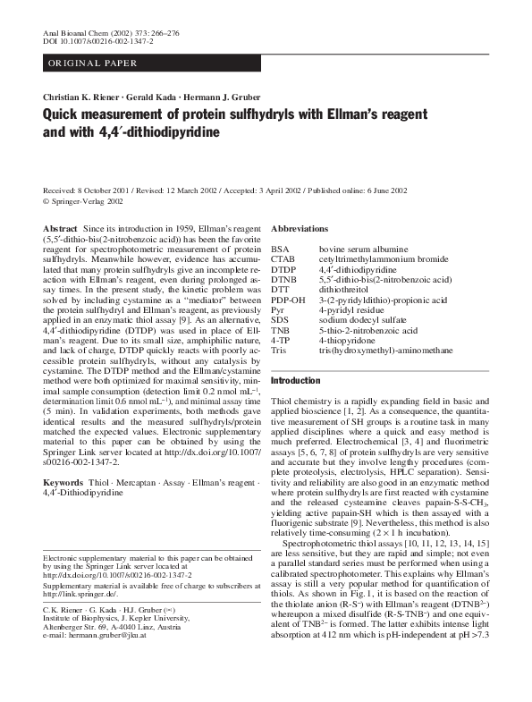 (PDF) Quick measurement of protein sulfhydryls with Ellman's reagent ...