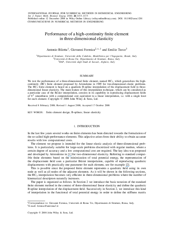 Pdf Performance Of A High Continuity Finite Element In Three Dimensional Elasticity