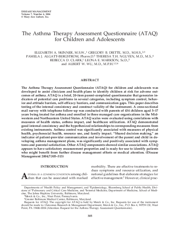 (PDF) The Asthma Therapy Assessment Questionnaire (ATAQ) for children ...