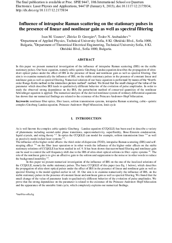 (PDF) Influence of intrapulse Raman scattering on the stationary pulses ...