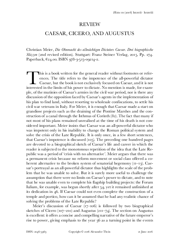 (PDF) 'Caesar, Cicero, and Augustus', Histos 10 (2016) lxxxvii ...