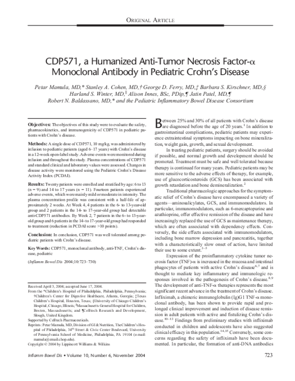 (PDF) CDP571, a Humanized Anti-Tumor Necrosis Factor-α Monoclonal Antibody in Pediatric Crohn’s ...