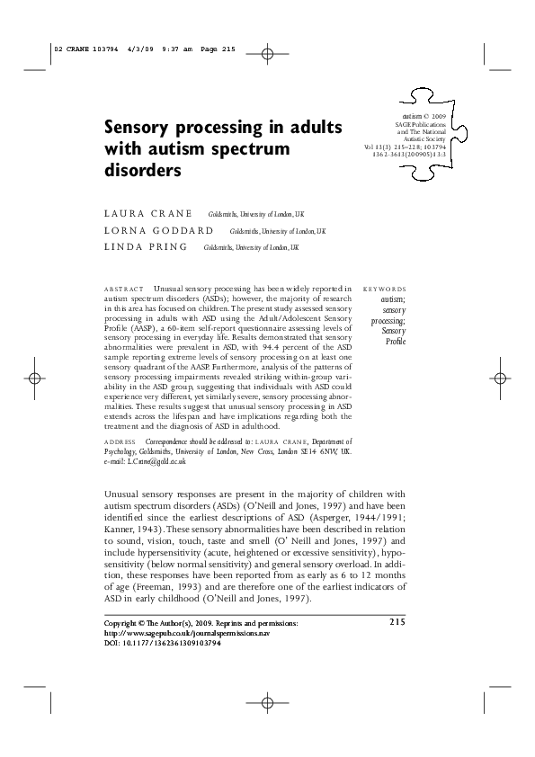 (PDF) Sensory processing in adults with autism spectrum disorders