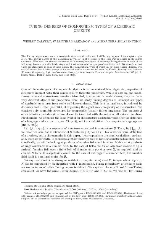 (PDF) Turing degrees of isomorphism types of algebraic objects