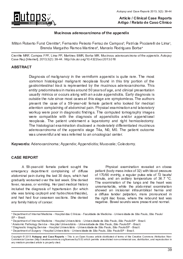 (PDF) Mucinous lesions of the appendix: a histopathological study ...