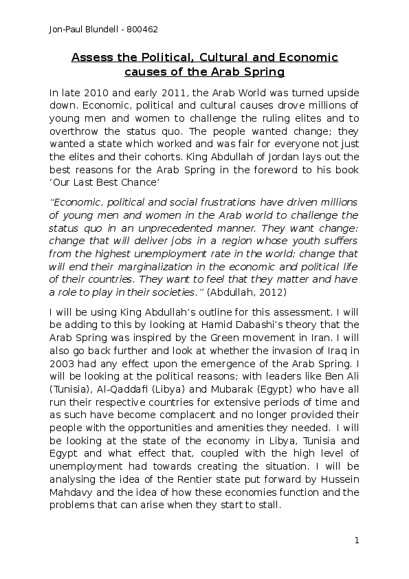 (DOC) Assess the Political, Cultural and Economic causes of the Arab Spring